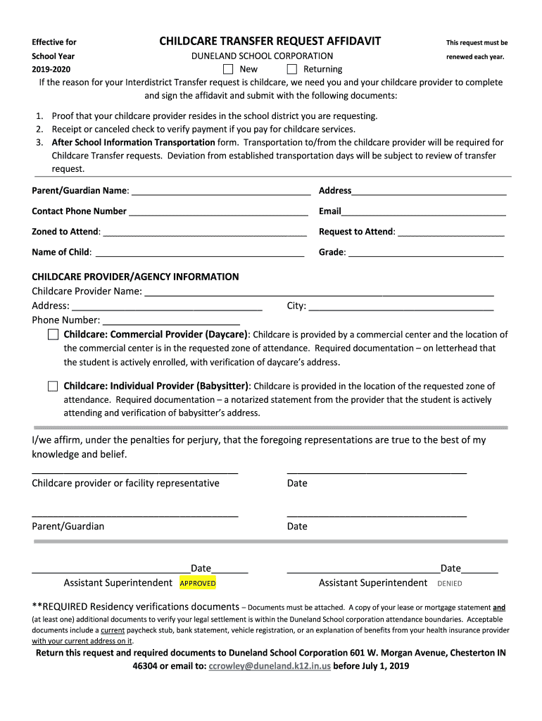 Fillable Online Effective for CHILDCARE TRANSFER REQUEST AFFIDAVIT This ...