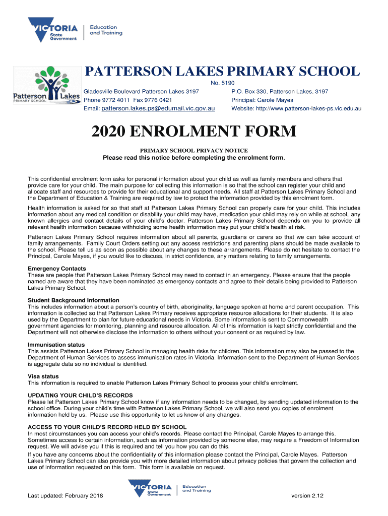 Fillable Online Student Enrolment Form - patterson-lakes-ps.vic.edu.au ...