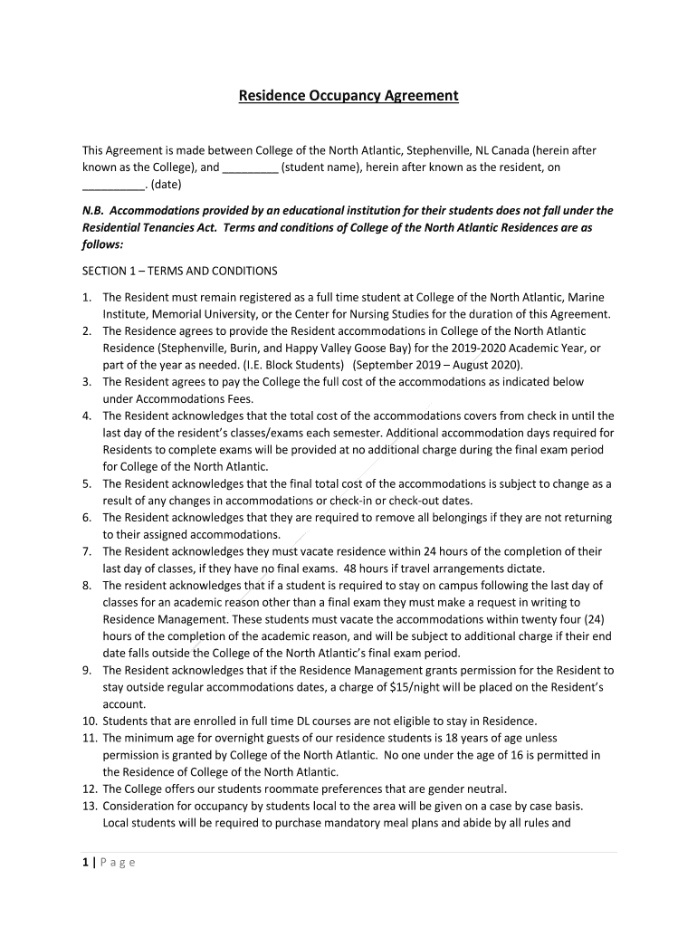 Fillable Online Residence Occupancy Agreement - College of the North Atlantic Fax Email Print ...