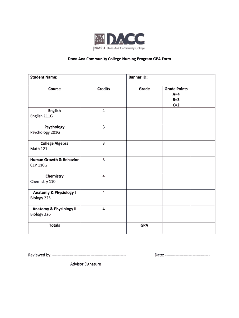 Fillable Online Dona Ana Community College Nursing Program GPA Form ...