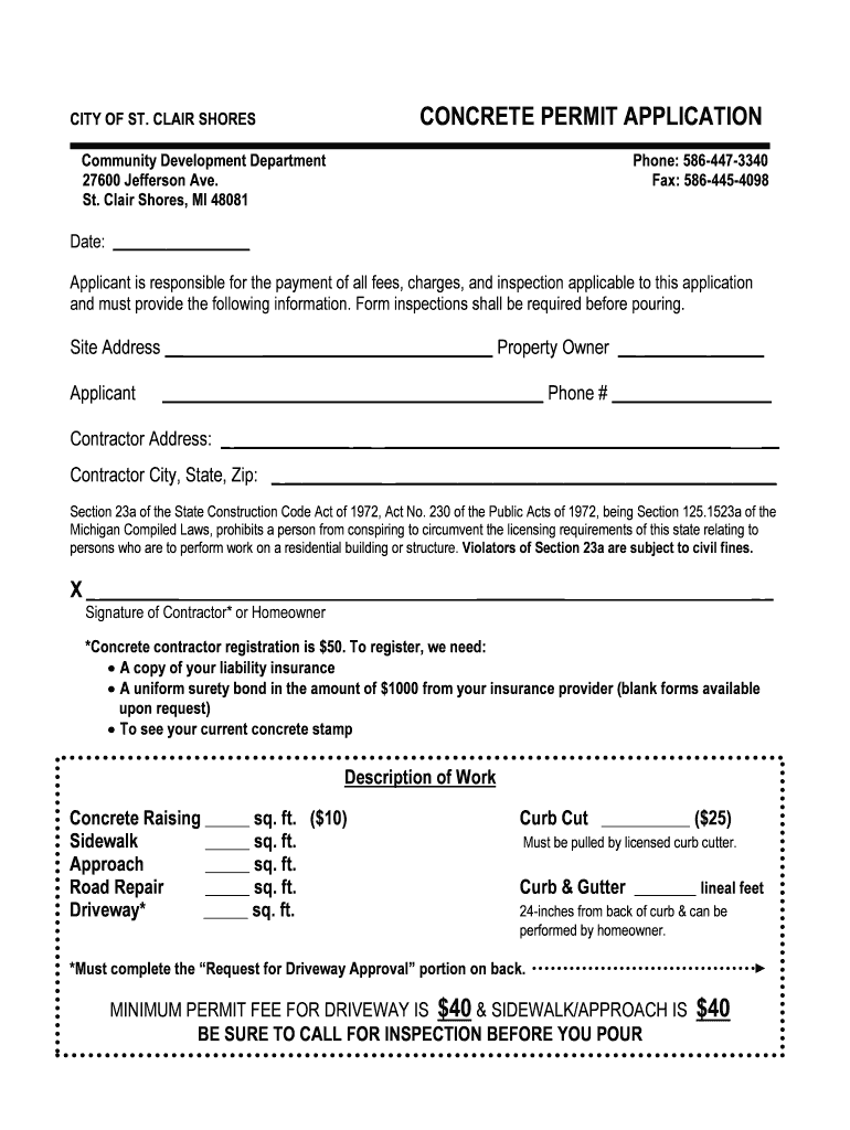 Fillable Online Concrete Permit & Driveway Approval Form - St. Clair ...
