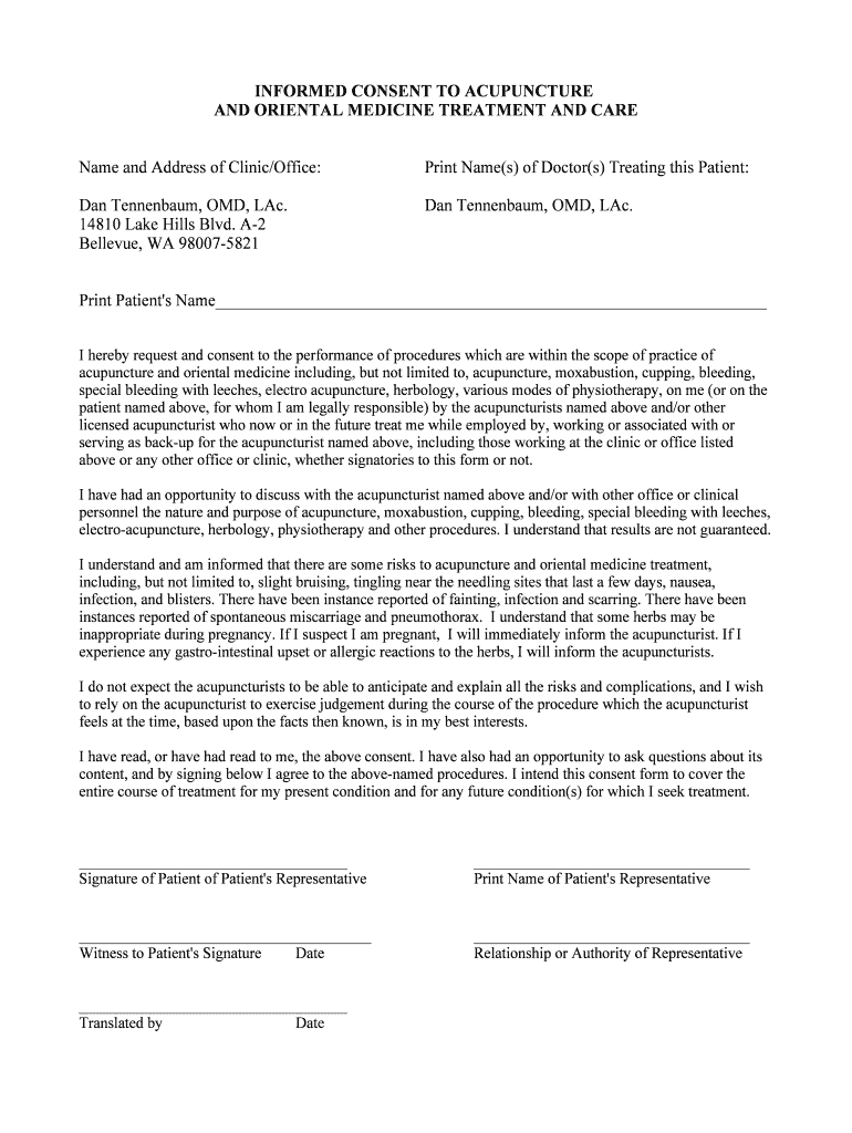 Fillable Online INFORMED CONSENT TO ACUPUNCTURE AND ORIENTAL MEDICINE ...
