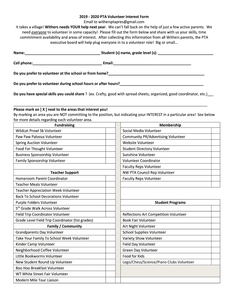 Fillable Online 2019-2020 PTA Volunteer Interest Form Fax Email Print ...