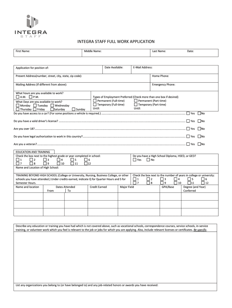 Fillable Online INTEGRA STAFF FULL WORK APPLICATION Fax Email Print ...