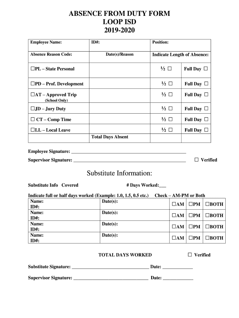 Fillable Online ABSENCE FROM DUTY FORM LOOP ISD 2019-2020 ... Fax Email ...