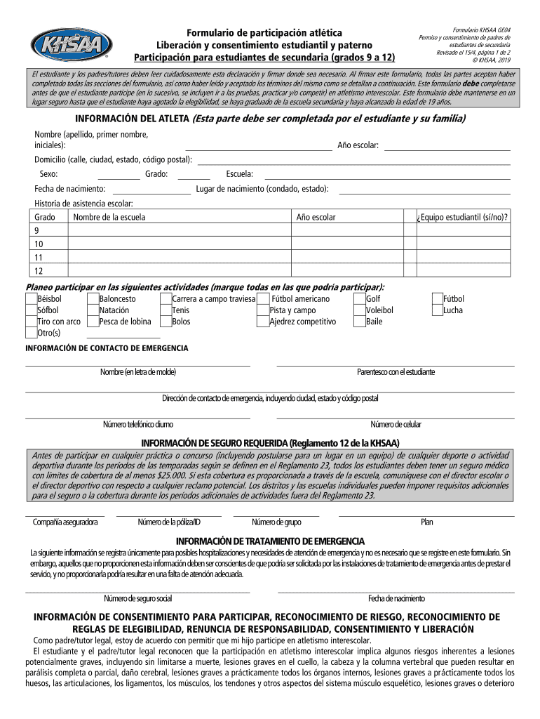 Fillable Online GE04-Combined Parent Permission and Athletic ...