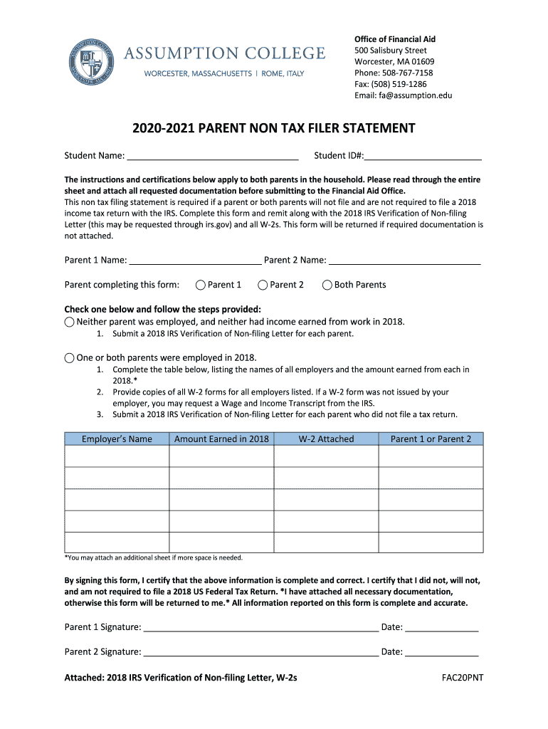 Fillable Online 2020-2021 PARENT NON TAX FILER STATEMENT Fax Email ...