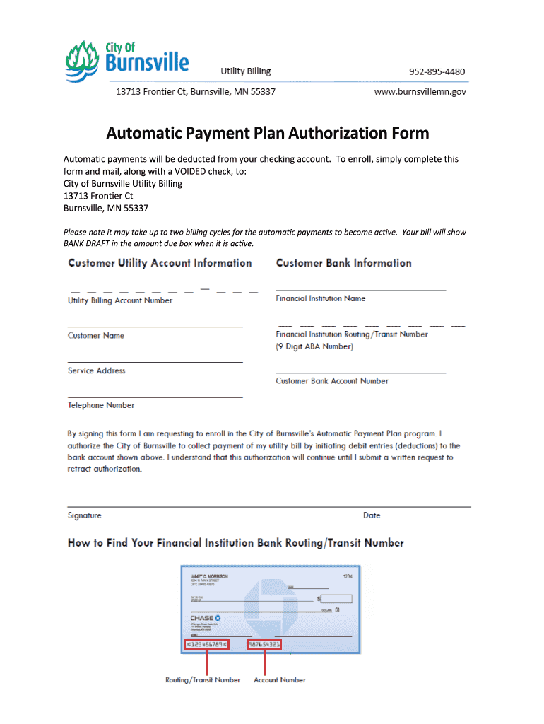 Fillable Online Automatic Payment Plan Authorization Form - City of Burnsville Fax Email Print ...