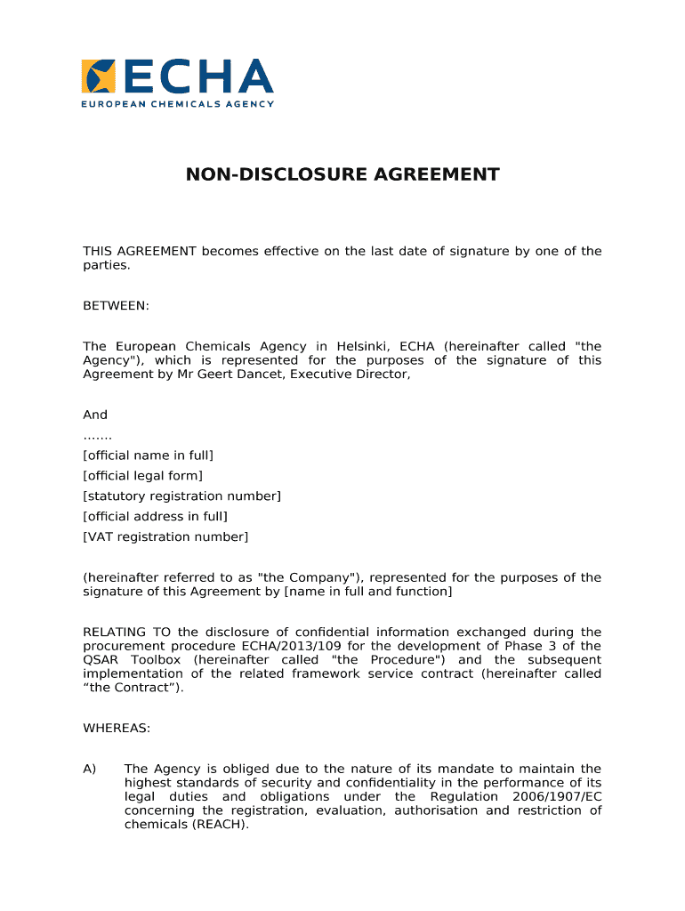 Non disclosure agreement - ECHA Doc Template | pdfFiller