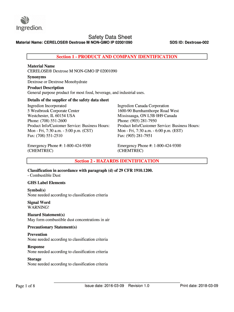 Fillable Online CERELOSE Dextrose M NON-GMO IP - Ingredion Incorporated ...