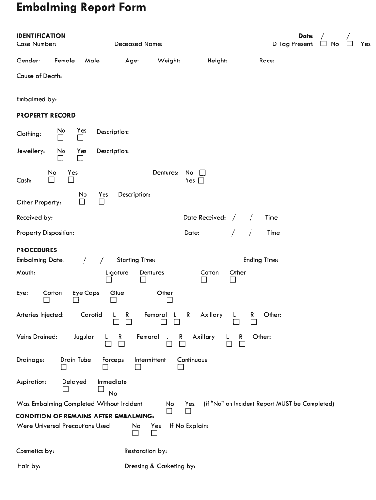 Fillable Online Embalming Report Form - Professional Embalmers of ...