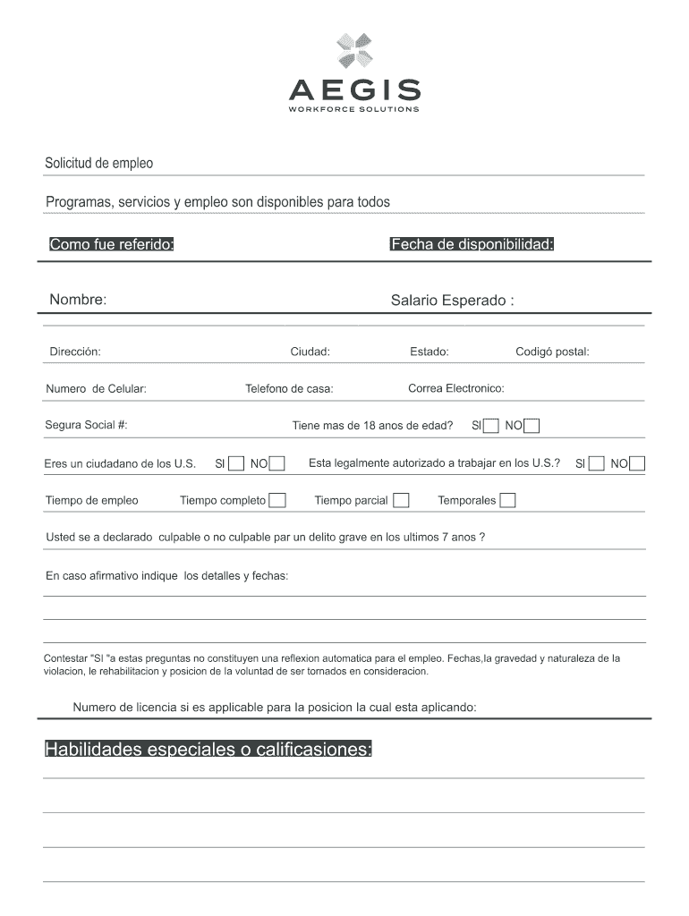 Fillable Online Aegis Workforce Solutions Spanish Form Fax Email Print - pdfFiller