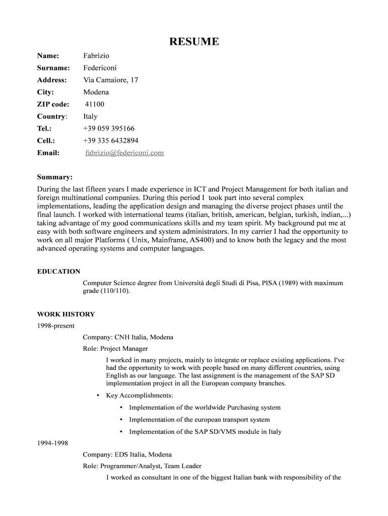 Fillable Online digilander libero RESUME - Libero.it Fax Email Print - pdfFiller