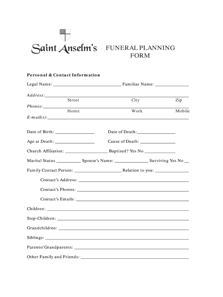 Fillable Online Funeral Planning Sheet Fax Email Print - pdfFiller