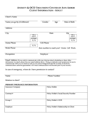 Fillable Online Adult Intake Form Anxiety and OCD Treatment Center of ...