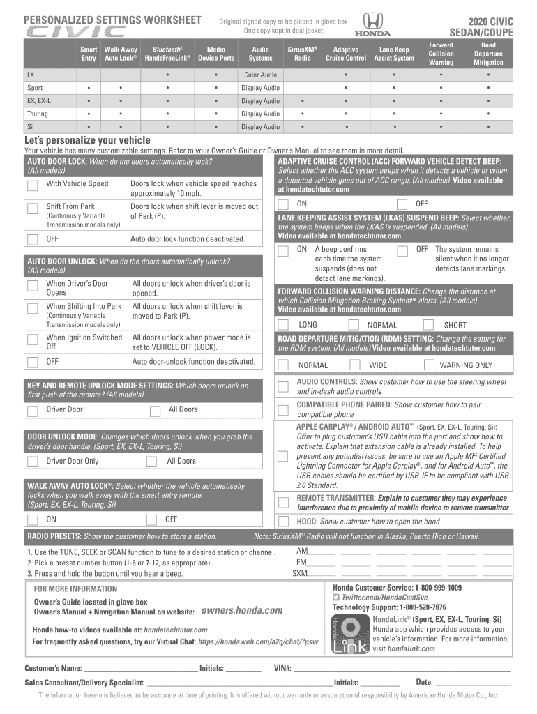 Fillable Online PERSONALIZED SETTINGS WORKSHEET 2020 CIVIC ... Fax Email Print - pdfFiller