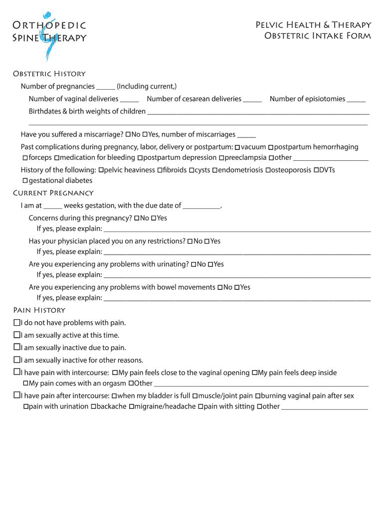 Fillable Online Pelvic Health & Therapy Obstetric Intake Form Fax Email ...