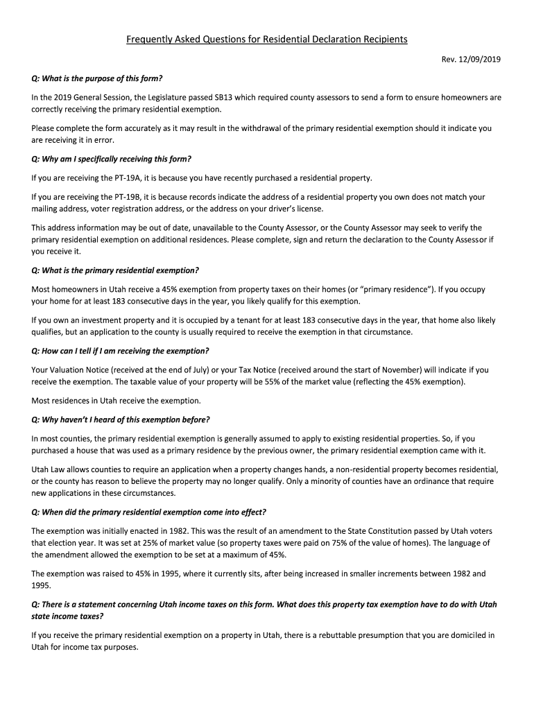 Fillable Online propertytax utah Frequently Asked Questions for ...