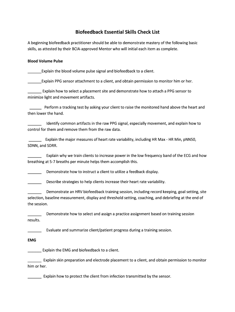 Fillable Online Essential Skills Checklist for BCIA Certification in HRV ... Fax Email Print ...