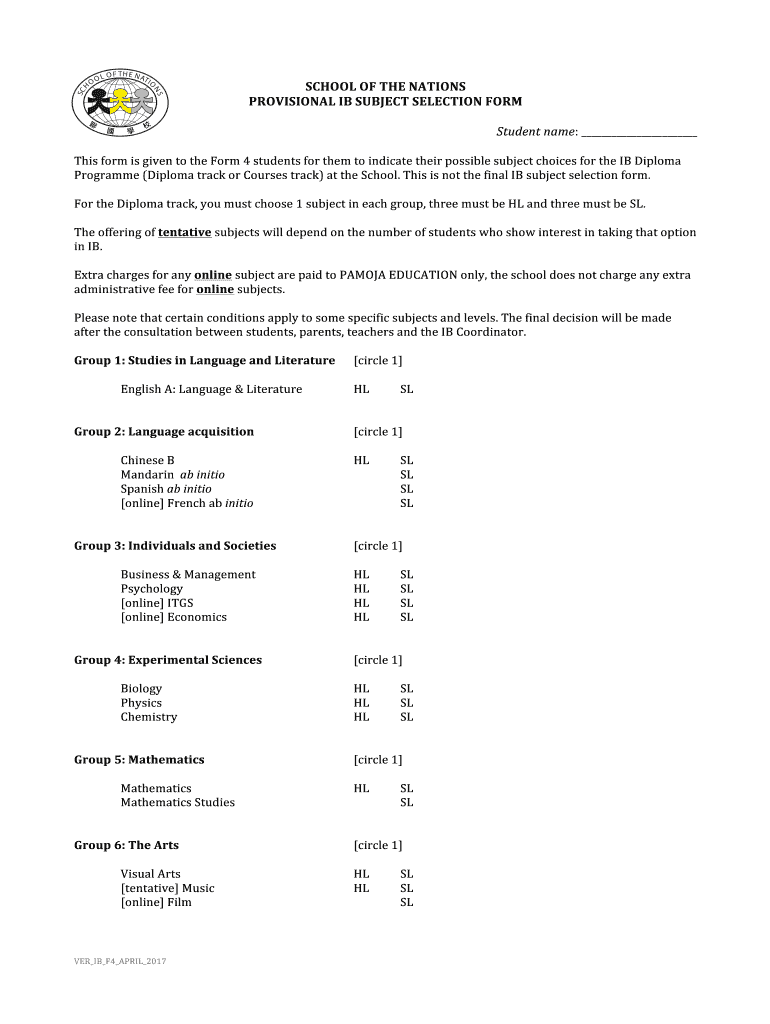 Fillable Online Subject Selection Form for Form 4 studentsapril2017 Fax ...
