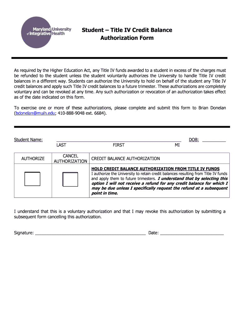 Fillable Online student - title iv credit balance authorization form ...