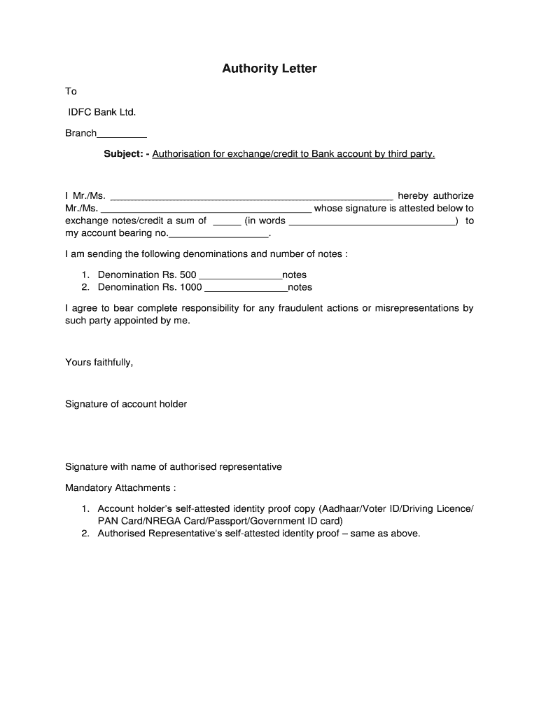 Fillable Online Authority Letter - IDFC Bank Fax Email Print - pdfFiller