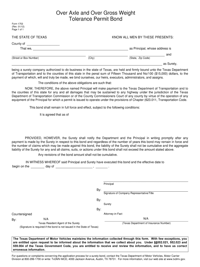 Fillable Online Over Axle and Over Gross Weight Tolerance Bond - Texas ...