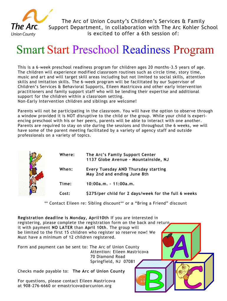 Fillable Online SmartStart Preschool Readiness Program - Arc of Union ...
