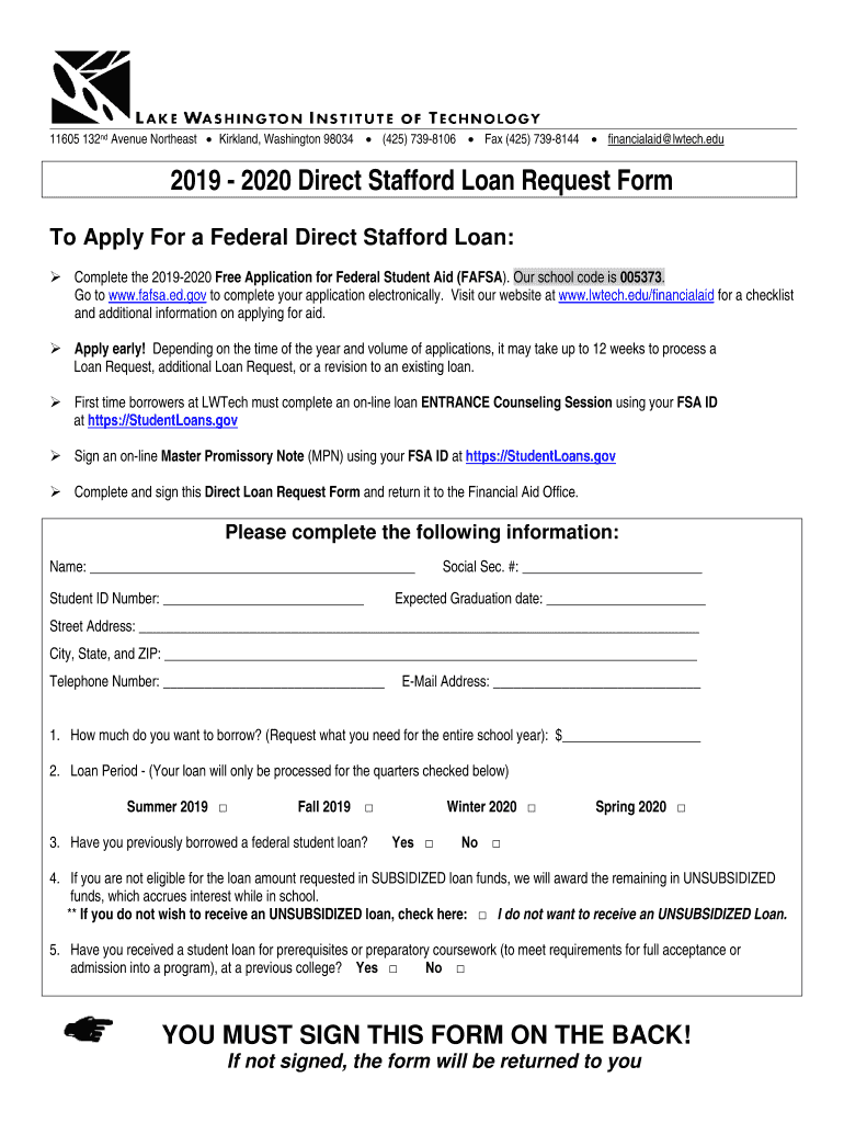 Fillable Online 2019 - 2020 Direct Stafford Loan Request Form Fax Email Print - pdfFiller