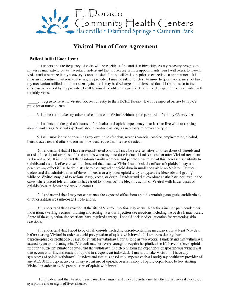 Vivitrol Plan of Care Agreement - Blank Fillable Template | Fill Out ...