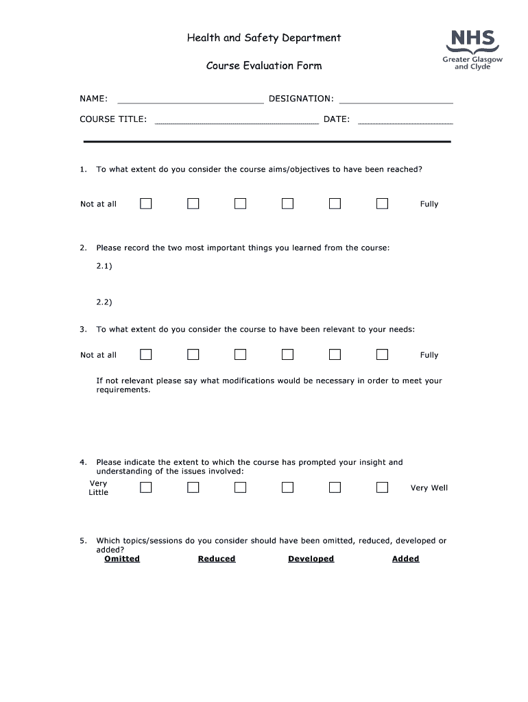 Fillable Online Health and Safety Department Course Evaluation Form Fax ...