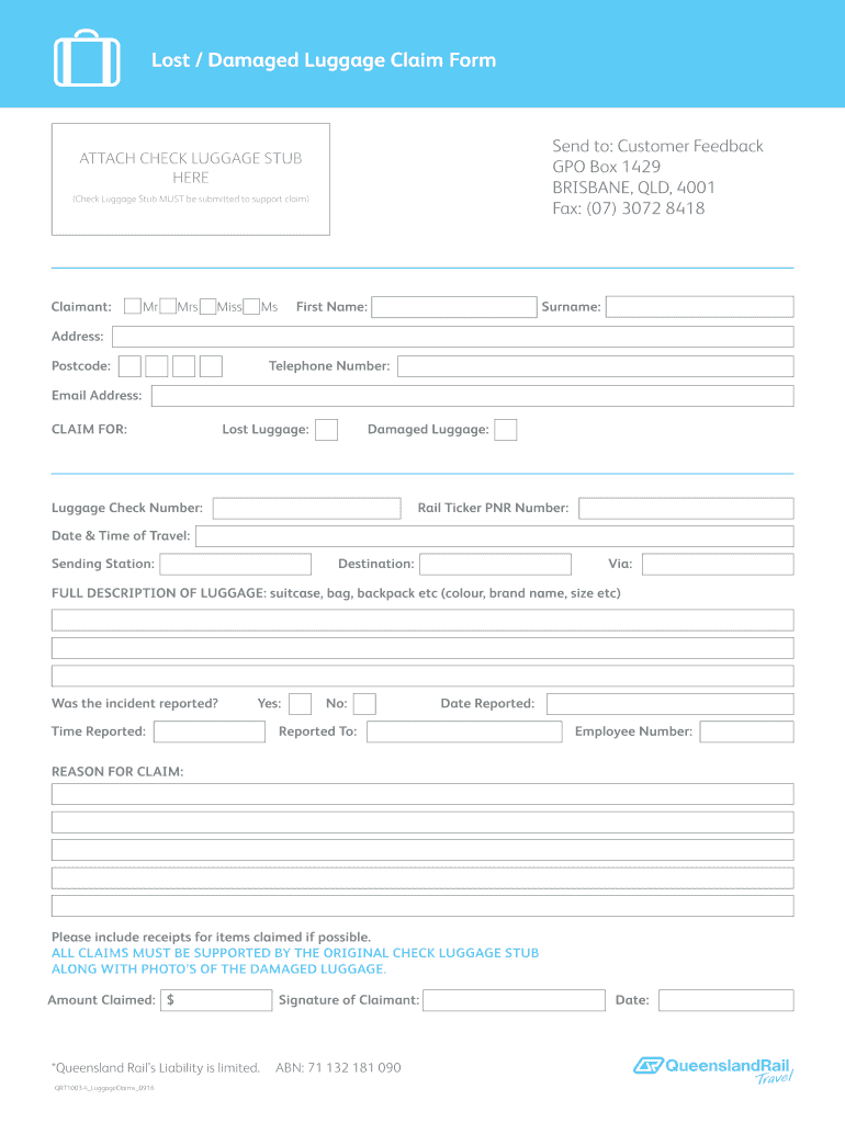 Fillable Online Lost / Damaged Luggage Claim Form - Queensland Rail ...