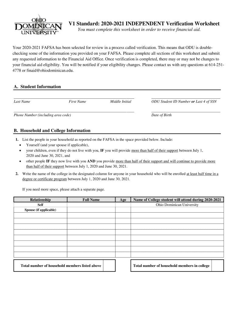 Fillable Online V1 Standard: 2020-2021 INDEPENDENT Verification Worksheet Fax Email Print ...