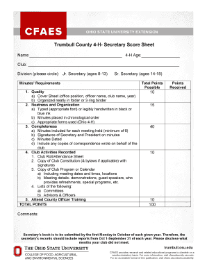 Fillable Online Trumbull County 4-H- Secretary Score Sheet Fax Email ...