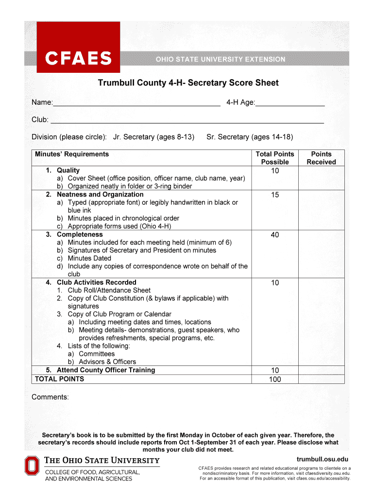 Fillable Online Trumbull County 4-H- Secretary Score Sheet Fax Email ...