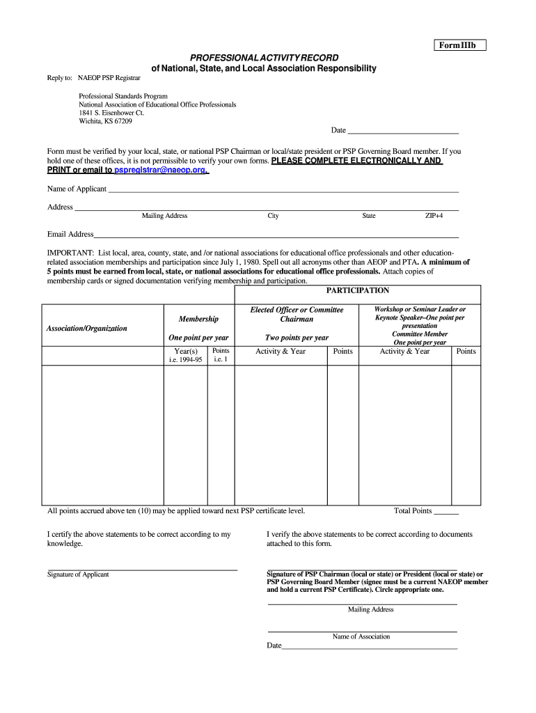 Fillable Online Form IIIb - Form IIIb PROFESSIONAL ACTIVITY RECORD of ...