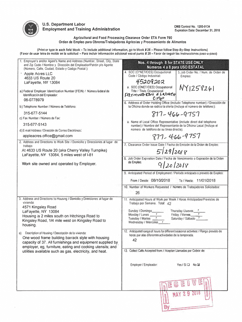 Fillable Online labor ny Orden de Empleo para Obreros/Trabajadores Agricolas y Procesamiento de ...