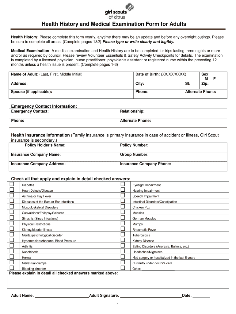 Fillable Online Adult Health History and Medical Form - Girl Scouts of ...