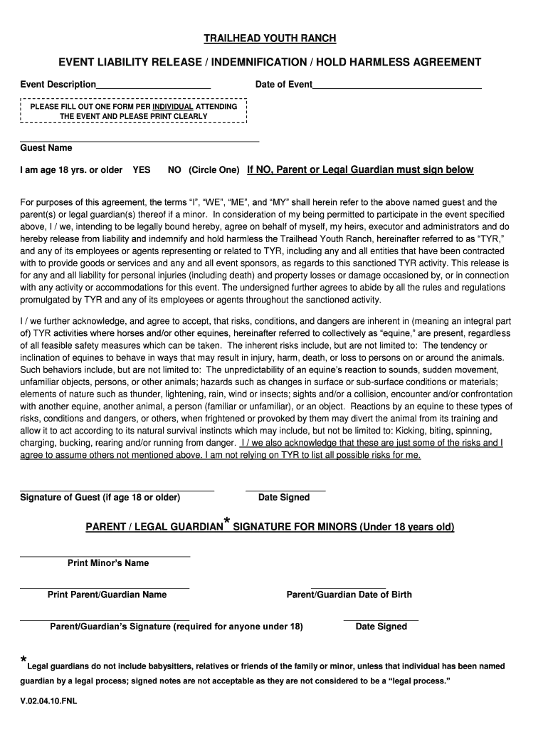 Fillable Online Event Waiver, Release of Liability and Hold Harmless ... Fax Email Print - pdfFiller