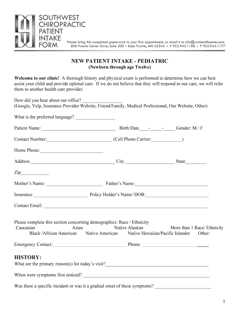 Fillable Online Southwest Chiropractic Pediatric Patient Intake Form ...