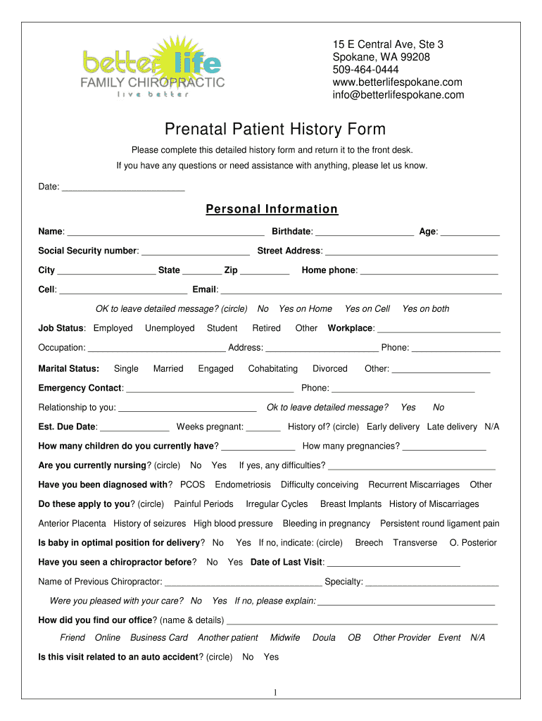 Fillable Online Prenatal Patient History Form - Vortala Fax Email Print ...