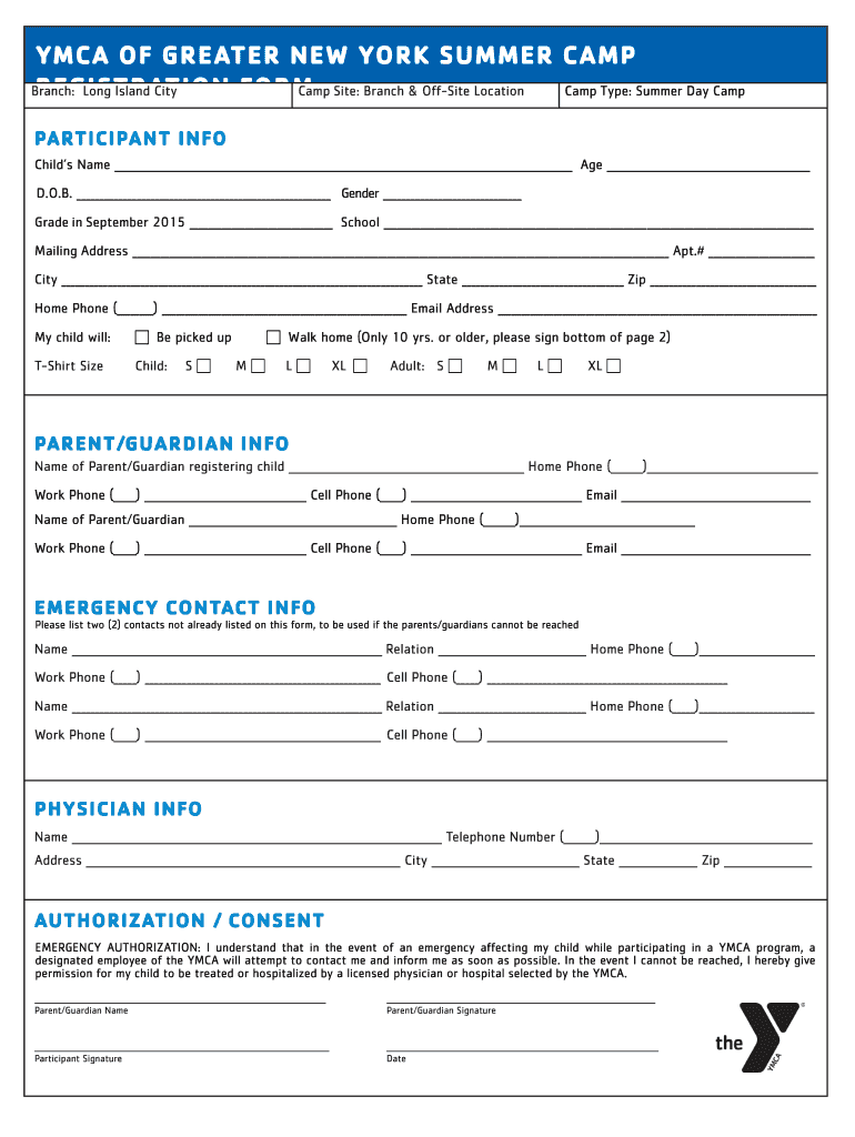 Fillable Online YMCA OF GREATER NEW YORK SUMMER CAMP REGISTR FORM Fax ...