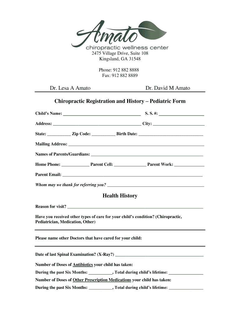 Fillable Online Chiropractic Registration and History Pediatric Form ...