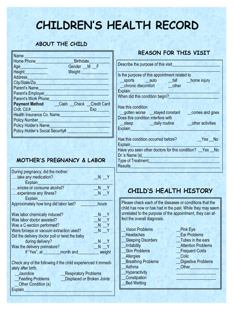 Fillable Online Children's Health Record - Well Beings Chiropractic Fax ...