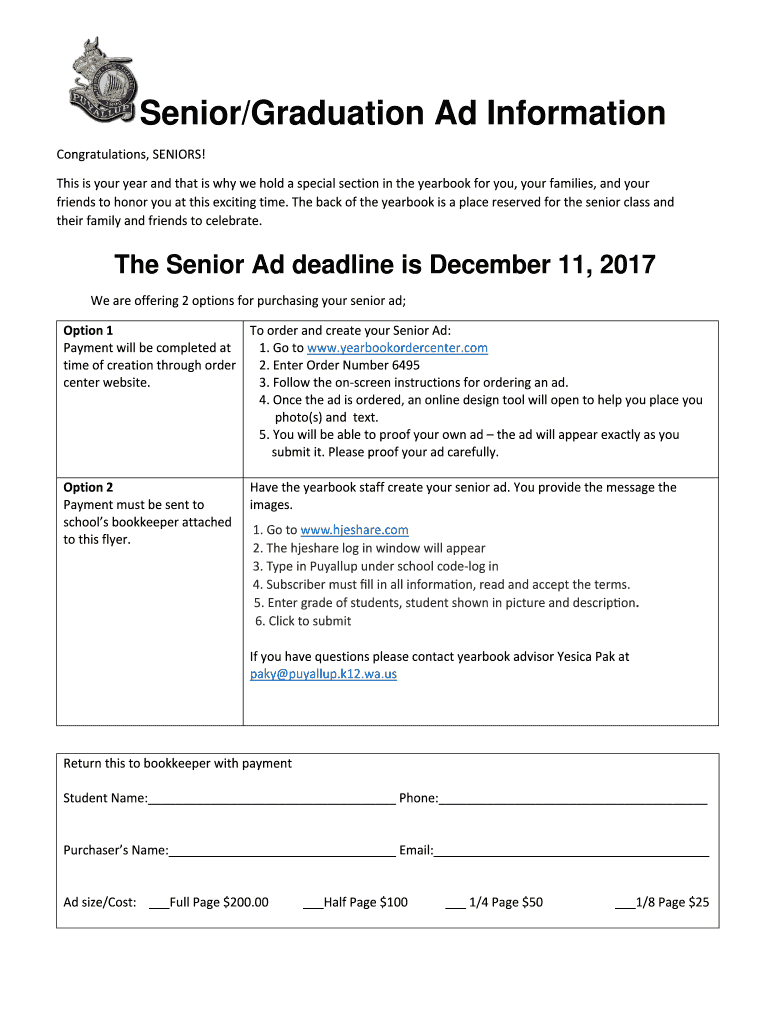 Fillable Online phs puyallup k12 wa PFHS Senior Yearbook Information Deadlines - Post Falls ...