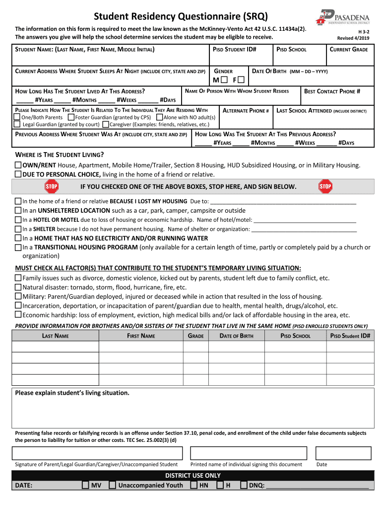 Fillable Online Student Residency Questionnaire (SRQ) - Pasadena ISD Fax Email Print - pdfFiller