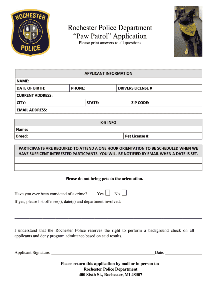 Fillable Online Rochester Police Department Paw Patrol Application Fax ...
