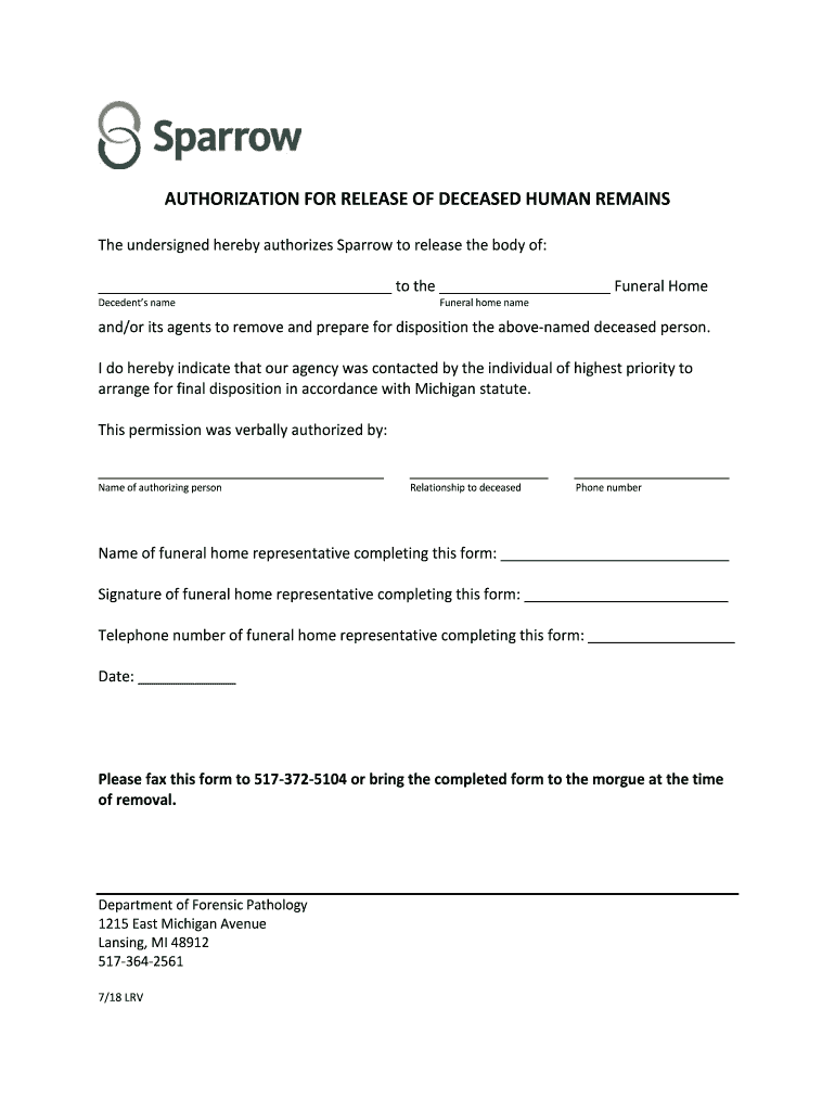 Fillable Online Form 1. Release of Remains Authorization Fax Email ...