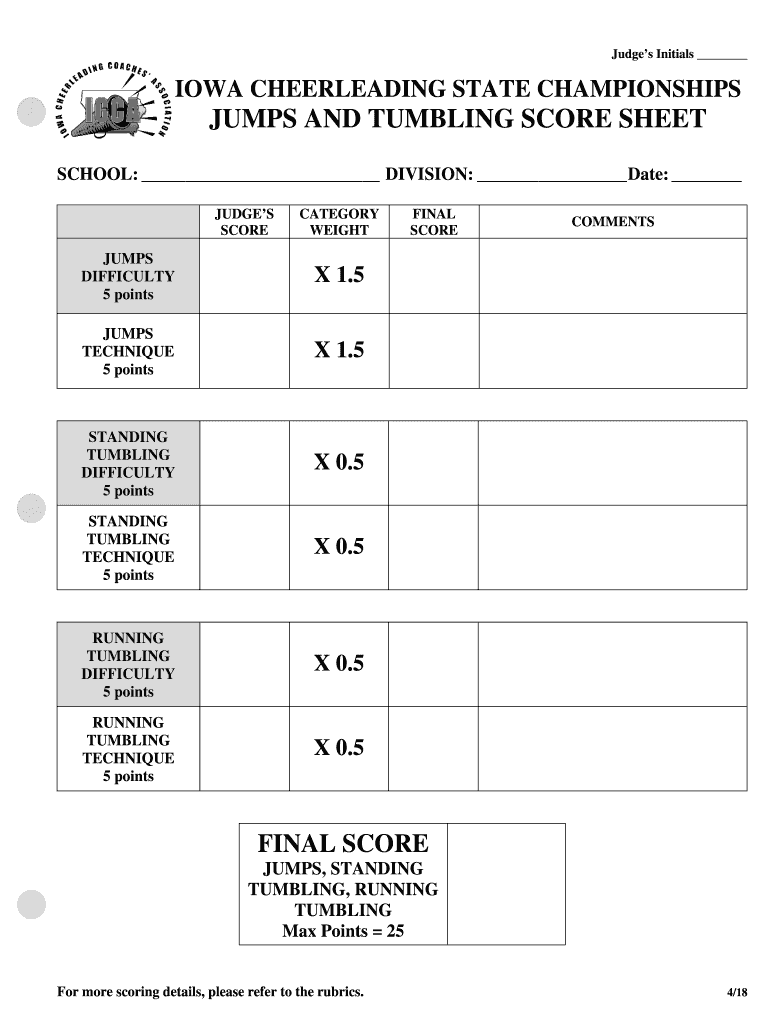 Fillable Online jumps and tumbling score sheet - Iowa Cheer Coaches Fax ...
