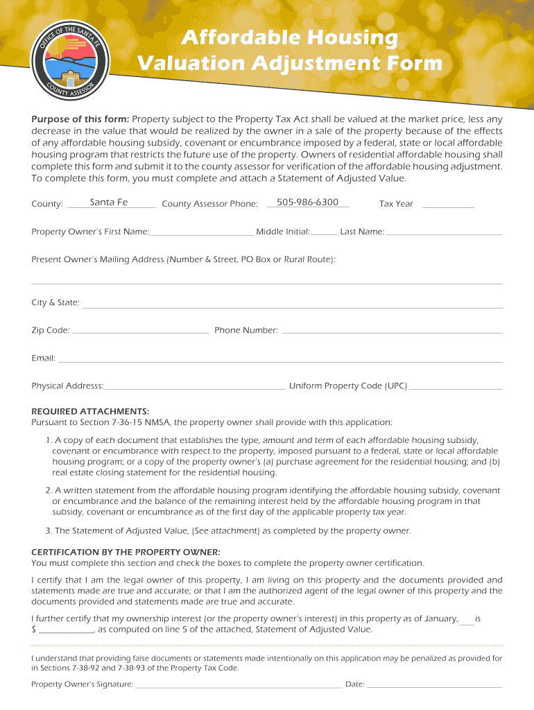Fillable Online Affordable Housing Valuation Adjustment Form - Santa Fe ...